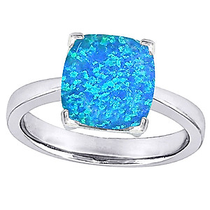 Star K 8mm Cushion-Cut Solitaire Ring with Simulated Blue Opal Sterling Silver Size 5