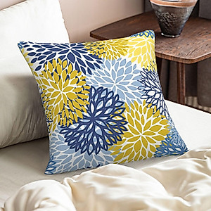 ChangQingArt Throw Pillow Cover Farmhouse Decorative Cotton Linen Pillow Cover Green Spring Flower Blue Yellow and Navy Chrysanthemum Brown Square Cushion Covers Sofa Bed Décor 16x16 inch