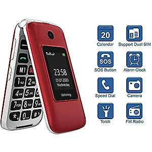 USHINING 3G Unlocked Flip Phone Dual Screen Dual SIM Mobile Phones Easy-to-Use Flip Cell Phones with Charging Dock (Red)