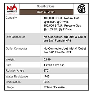 NO WORRIEZ 100,000 BTU Safety Automatic Outdoor BBQ Shut Off 3/8'' NPT Mechanical Structure Gas Timer for Propane Grill and Natural Gas Grill