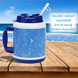 64 Ounce Insulated Mug with Lid Handle Flexible Straw with Cap, Large Plastic Cup for Cold Drinks with Dual Wall Insulation, Convenience Store Soda Mug