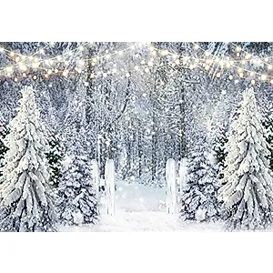 LIVUCEE 7x5ft Polyester Fabric Winter White Snowy Forest Backdrop for Photography Christmas Glitter Wonderland Nature Xmas Trees Pine Forest Holiday Party Decor Kids Family Photo Studio Prop