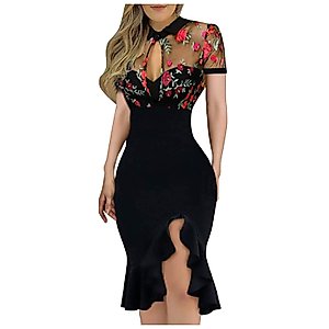 Women's Elegant Floral Dress Short Lace Sleeve Cocktail Party Dress Slit Hem Long Ruffles Knee Length Dresses (Red-A, L)