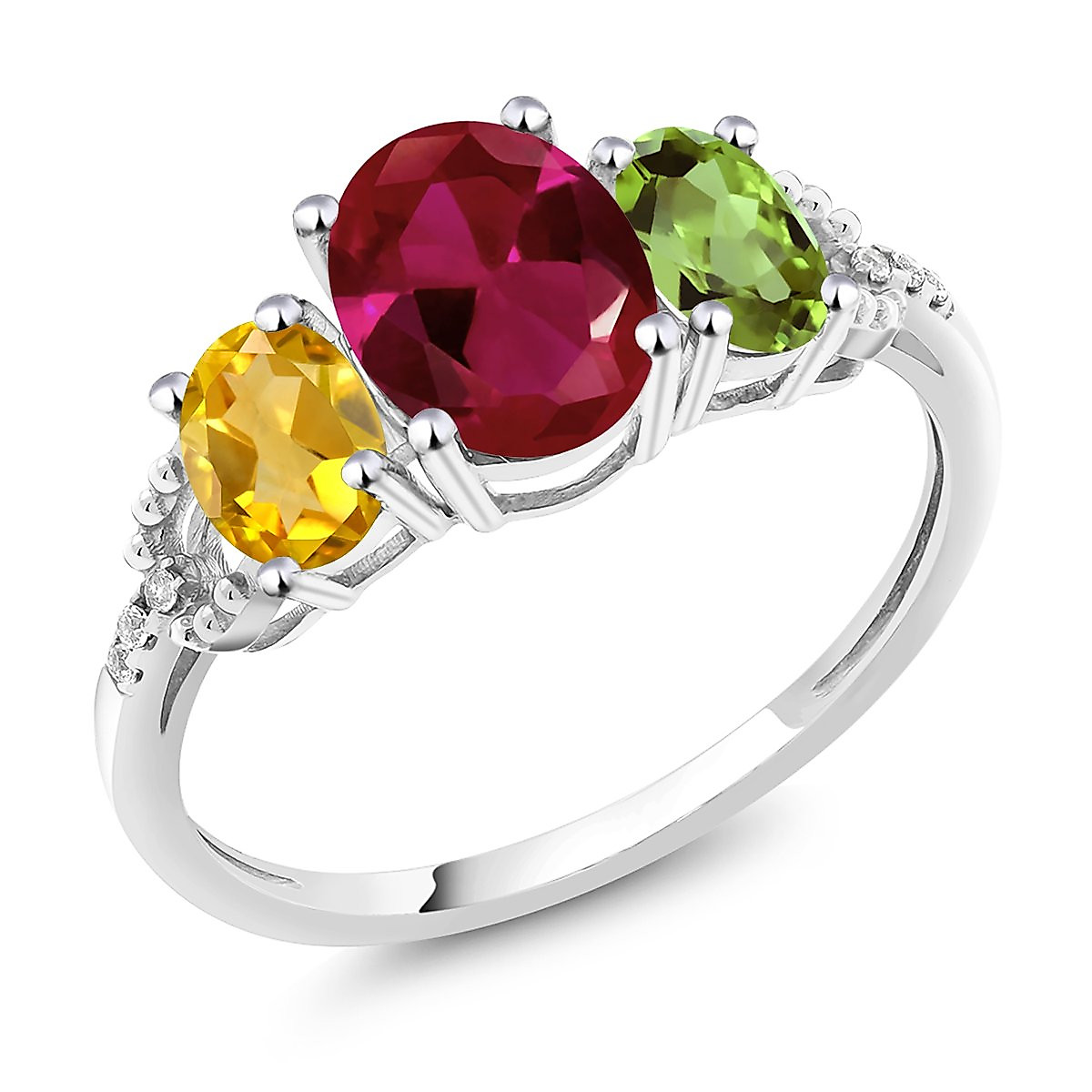 Gem Stone King 10K White Gold Customized and Personalized Gemstone Birthstone and Diamond 3-Stone Engagement Ring | 3 Stone Wedding Engagement Anniversary Promise Ring For Women (Size 8)