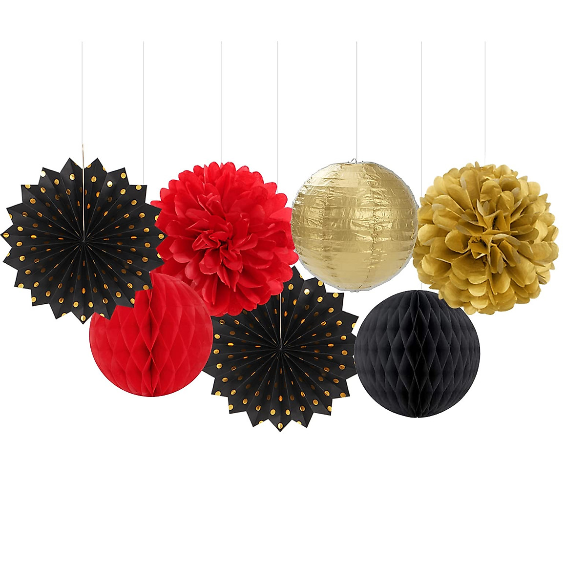 Red-Black Gold Party Decorations Streamers Lanterns - 14pcs Casino-Theme Graduation 2024 Paper Fan,Game Night Wedding Birthday Baby Bridal Shower Tissue Pom Poms,Honeycomb Balls Decor Ouruola