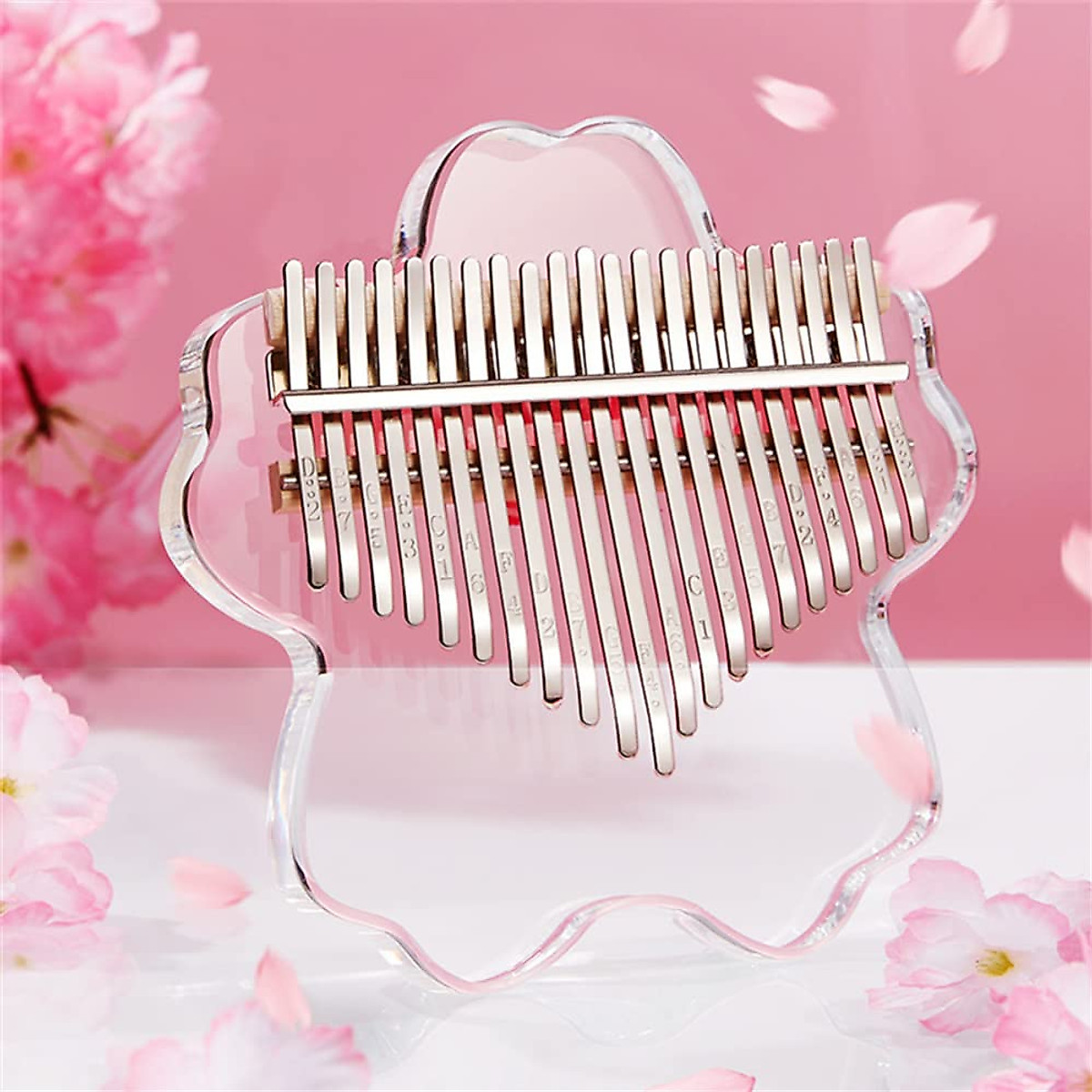 LKJYBG 21-Tone Kalimba with Piano Box,Cherry Blossoms Shape Thumb Piano Acrylic Finger Piano Gifts with Tune Hammer Study Instruction Digital Audio Tone Key Sticker for Kids and Adults Beginners