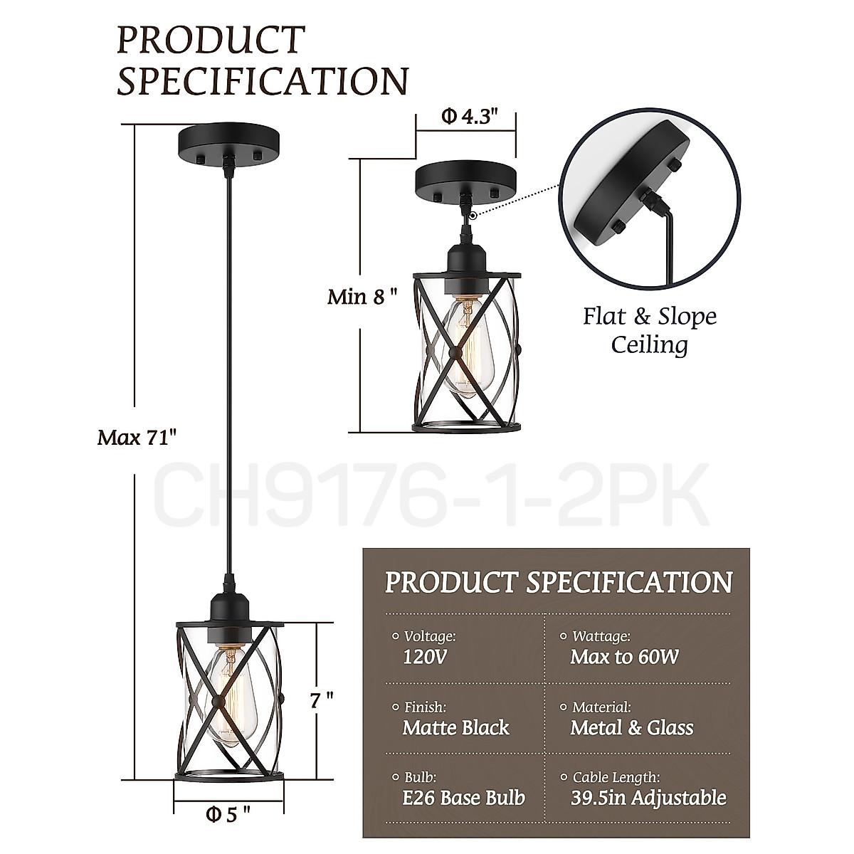 Osimir Industrial Pendant Light, 2 Pack Mini Glass Pendant Light for Kitchen, Cage Pendant Lighting in Black Finish with Clear Glass, Adjustable Length, CH9176-1-2PK