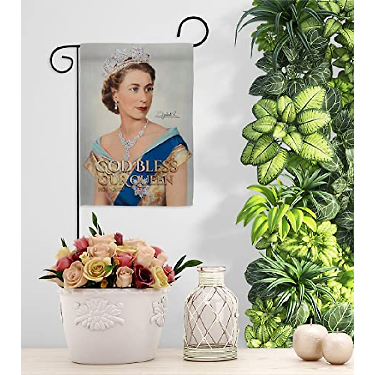 Queen Elizabeth II Flag Set Wood Dowel Sweet Life Sympathy Remembrance Memorial Bereavement Love Support Emotion Postive - House Banner Small Yard Gift Double-Sided 13 X 18.5