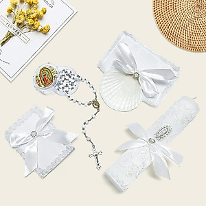 Baptism Candle Set for Boys Girls,White 5 PCS Baptism Kit Virgen De Guadalupe Catholic Candle,Baptism Towel,Baptism Shell,Rosary,Bible for Baby Dedication Christening Gift,Velas para Bautizo Niño