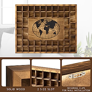 GlikCeil Large World Map 48 Slots Shot Glass Display Case 28 x 23'' Rustic Wood Shot Glass Holder for Different Size Shot Glass Shelf Organizer Wall Mount Shot Glass Storage Shadow Bar Cabinet (Brown)