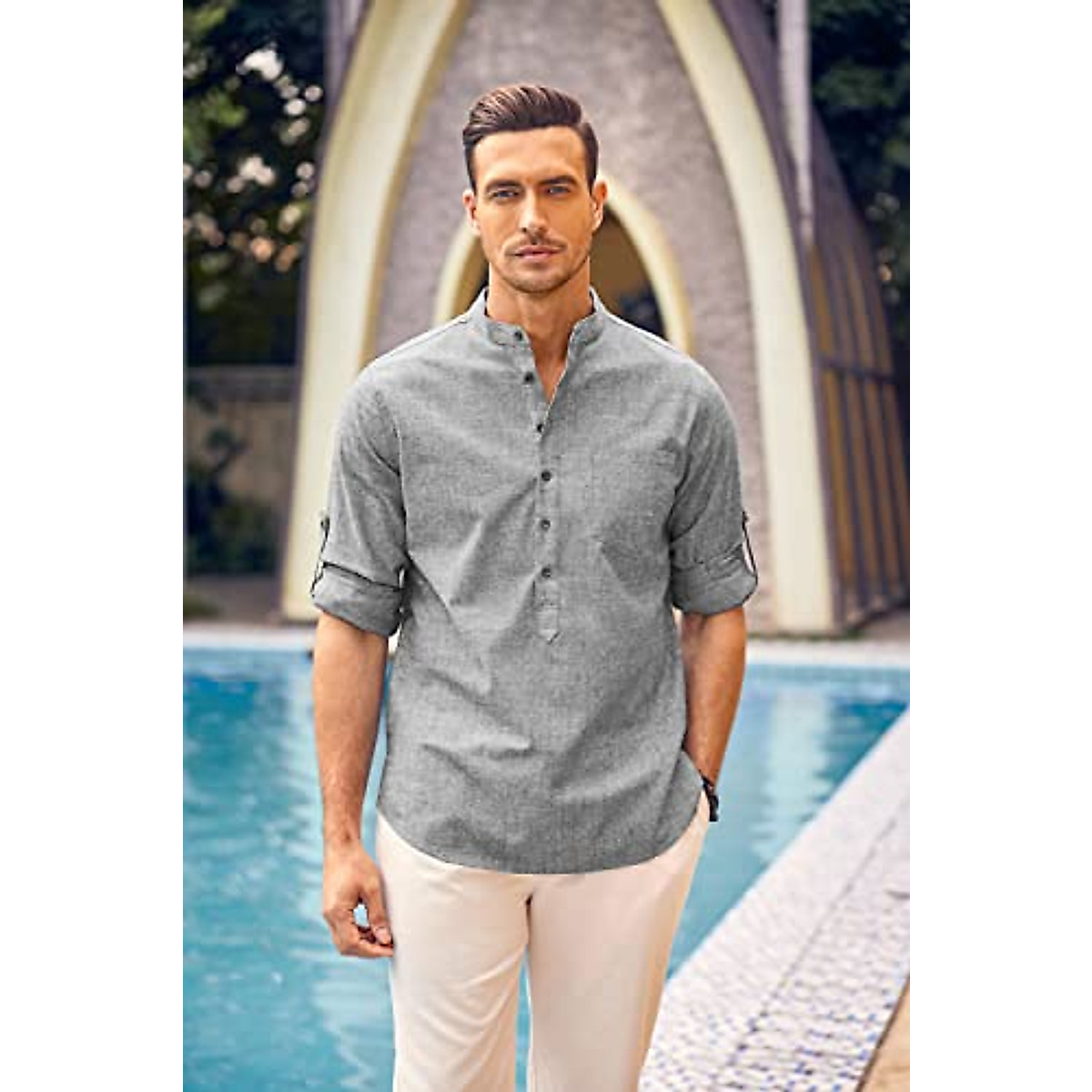 COOFANDY Men's Cotton Henley Shirt Long Sleeve Slim Fit Linen Casual Summer Beach Hippie T Shirt Light Grey