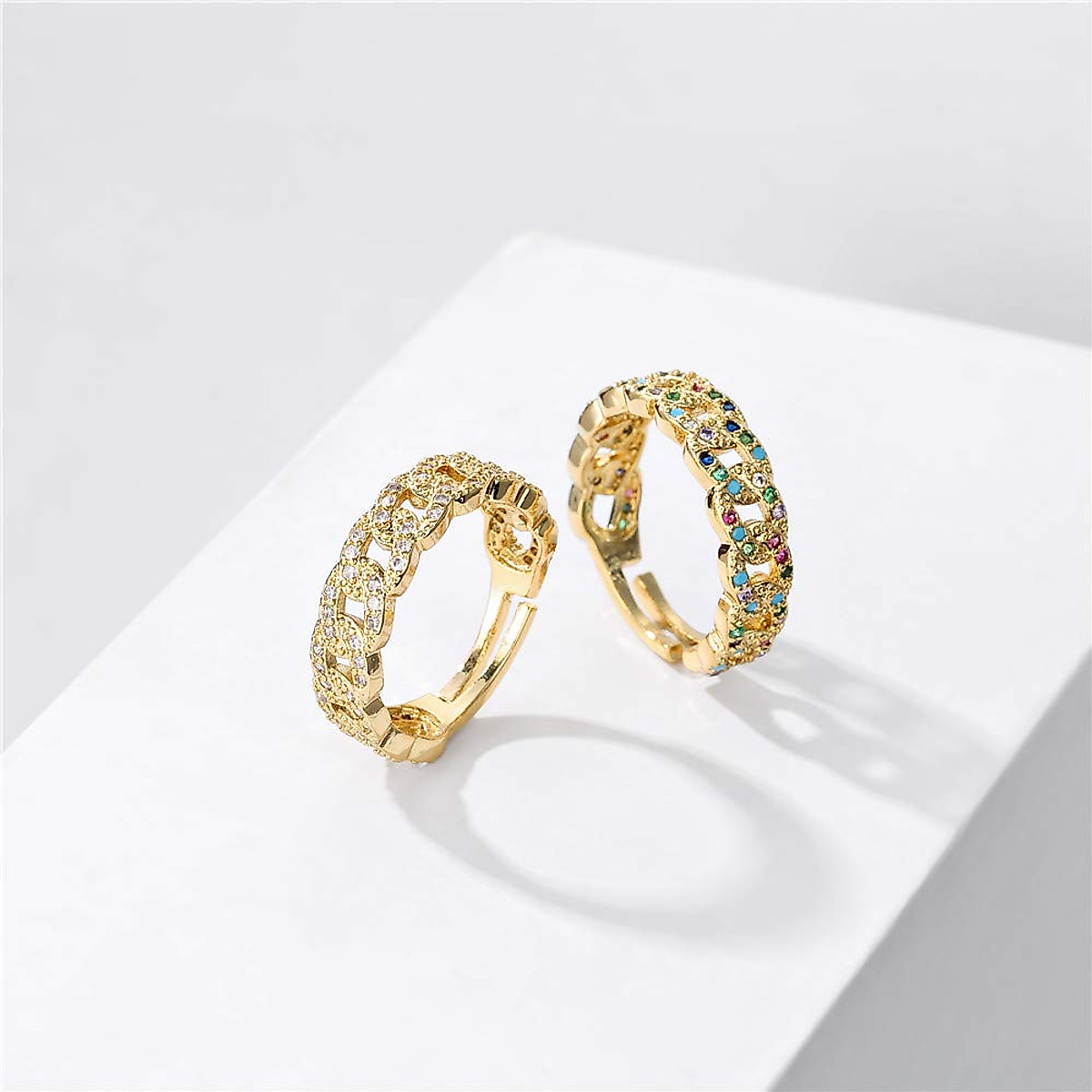 cmoonry 14K Gold Plated Women Open Ring 6mm Wide Band Cuban Link Chain Wedding Ring Cubic Zirconia Engagement Jewelry (White CZ)