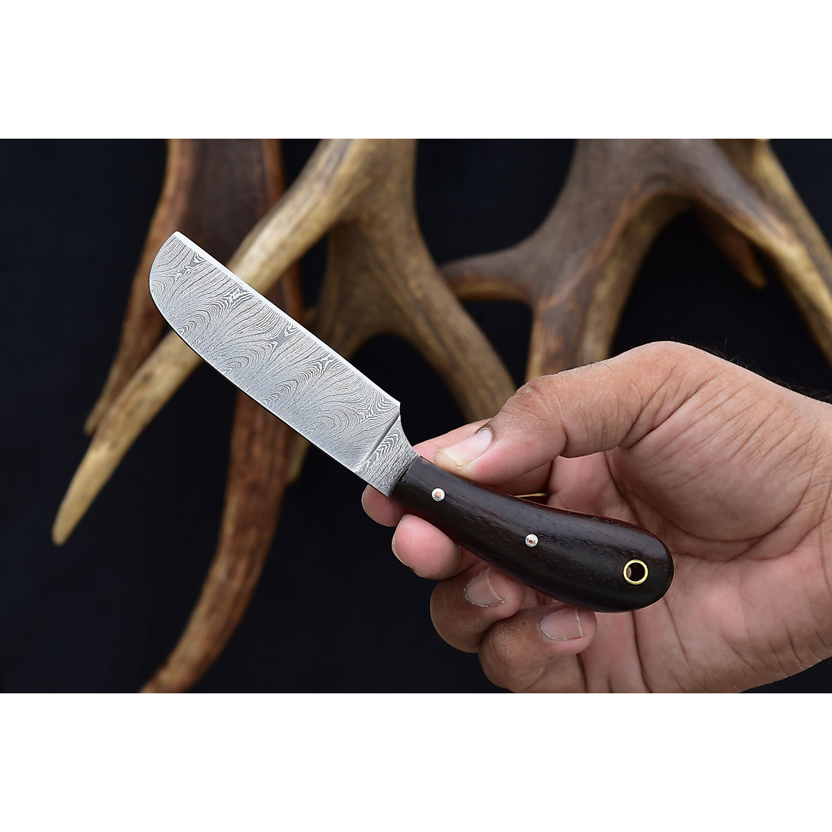 Knives Ranch Damascus Steel Small Castrator with Indian Rosewood Handle Dual Carry Vertical or Horizontal Cowboy Crossdraw Leather Sheath (3177-IRW)