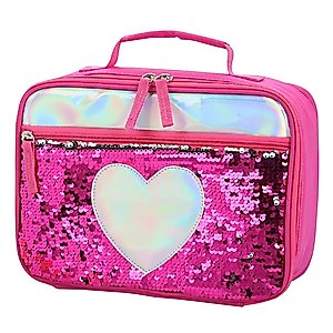 Handheld Lunch Box, Reusable Insulated Flip Sequins Lunch Tote Bag Handheld Box Roomy Carry Bag Lunchbox Gifts for Women Glittering Shining Office Travel Meal Tote Kit (Rose Red Heart)