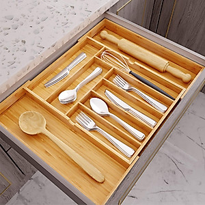 BAMEOS drawer organizer flatware organizer cutlery tray silverware organizer expandable adjustable bamboo drawer organizer kitchen bathroom