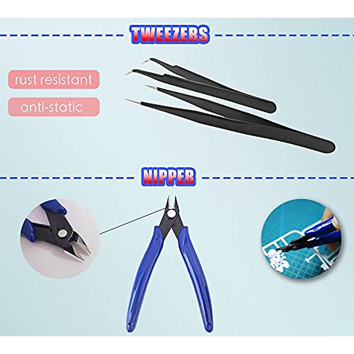 HOPLEX Model Tools Kit 20 in 1 Adults Hobby Building Tools Set Basic Tools with Nippers Tweezers Needle Files Polishing Bars for Car Airplane Model Building Repairing and Fixing