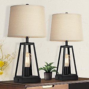 Set of 2 Farmhouse Touch Table Lamps with USB Ports, 3-Way Dimmable Bedside Nightstand Lamps, 2 Light Rustic Industrial Table Lamps for Living Room Bedrooms Reading Room, Rotary Switch, Bulbs Included