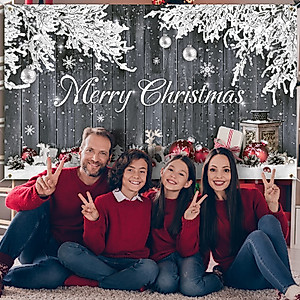 Christmas Wood Photography Backdrop Merry Christmas Santa Claus Gifts Background Rustic Barn Snowflakes Photo Background for Winter Holiday Home Decor Xmas Party Photography Props, 73 x 43 Inches