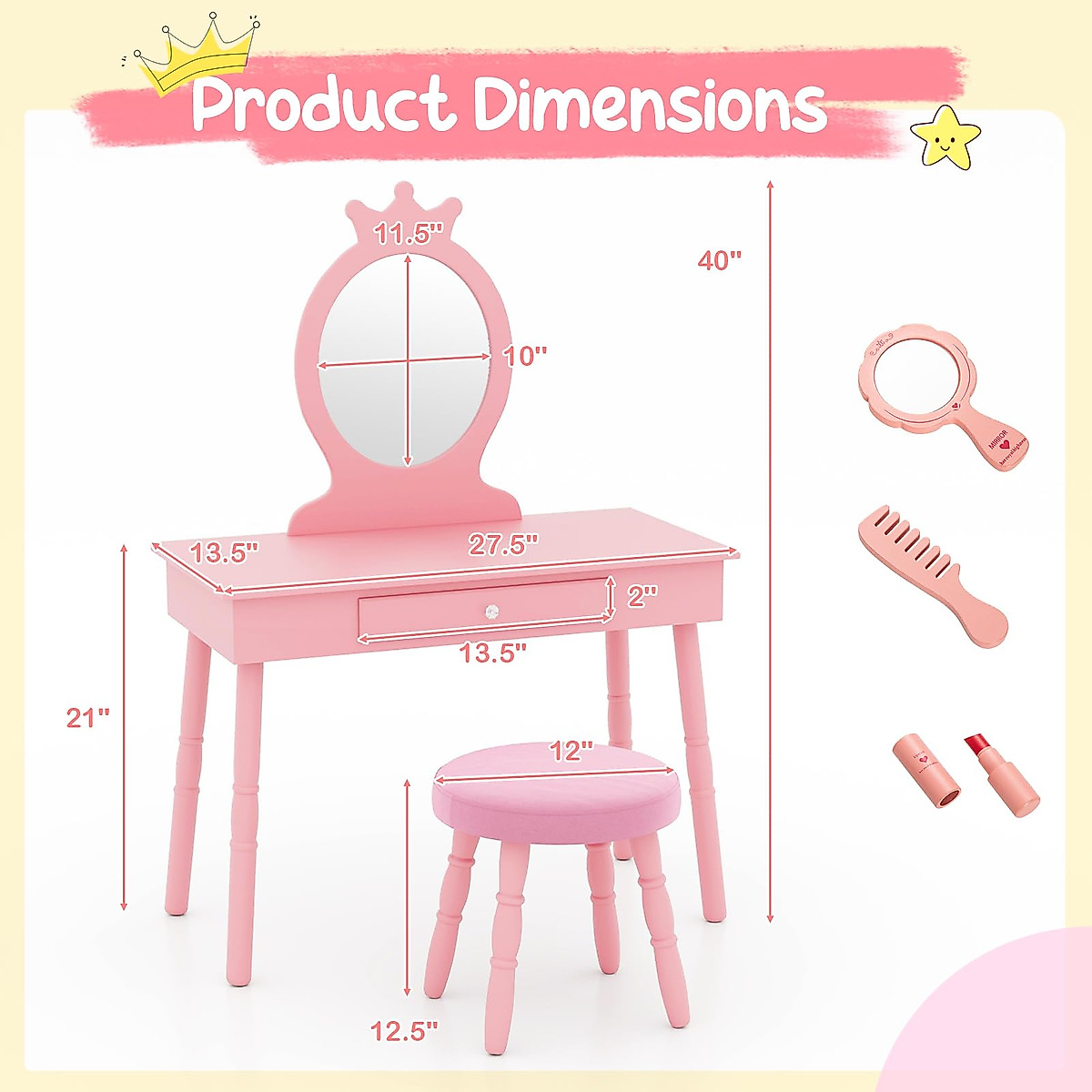 HONEY JOY Pink Crown Makeup Vanity, Includes Chair & Real Glass Mirror, Large Engineered Wood Kids' Vanity Set, Safe & Sturdy, Easy to Install & Clean, Pink