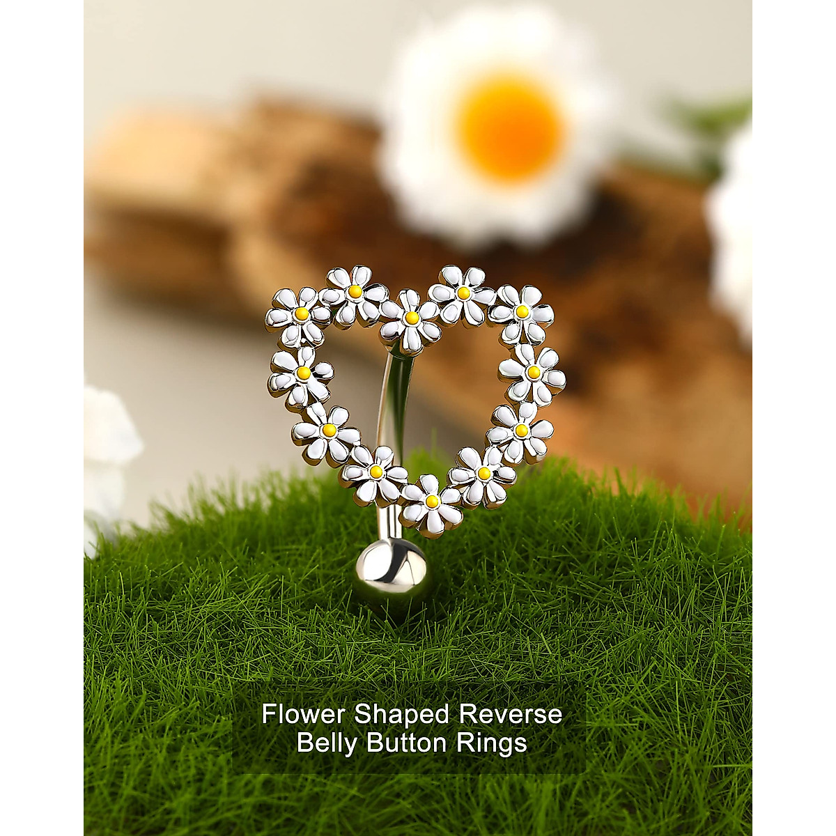 Melighting 14G Belly Button Rings Reverse Belly Rings Stainless Steel 316L Flower Belly Piercing Jewelry for Women Belly Piercing Navel Barbell Body Piercing Jewelry