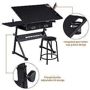 Yaheetech Art Craft Table Drawing Table Height Adjustable Drafting Desk Work Station with Tiltable Tabletop w/Stool and 2 Storage Drawers for Reading, Writing,Studying