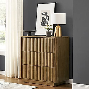 mopio Brooklyn Mid-Century Modern Dresser/Credenza, Waveform Panel with Sleek Curved Profile with Aluminum Handle 3-Drawers for Bedroom/Living Room, Sturdy Anti-Tipping Base (Natural Walnut, Dresser)