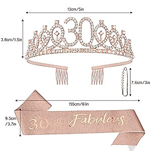 CAVETEE Rose Gold 30 & Fabulous Birthday Sash and Crown 30th Birthday Tiaras and Sash Set for Women Birthday Decorations Birthday Queen Crowns Tiaras for Women