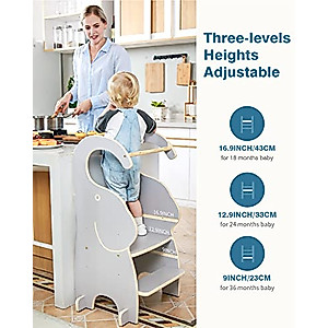 PP OPOUNT Toddler Kitchen Stool, 3-Level Adjustable Toddler Tower, Wood Step Stools for Kids with Safety Protective Net and Non-Slip Mat, Elephant Style, Solid Wood Gray