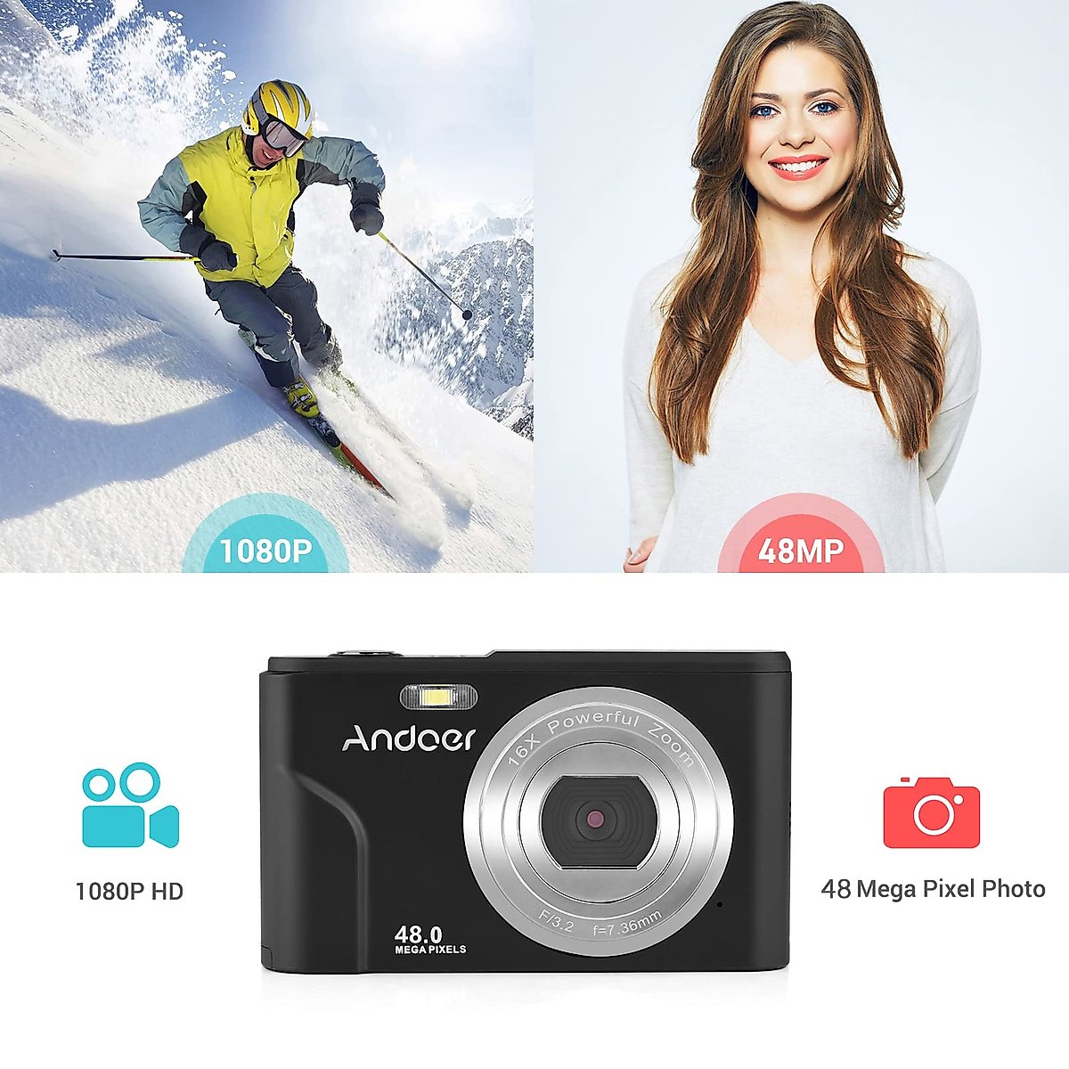 Andoer Portable Digital Camera 48MP 1080P 2.4-inch IPS Screen 16X Zoom Auto Focus Self-Timer 128GB Extended Memory Face Detection Anti-Shaking with 2pcs Batteries Hand Strap Carry Pouch