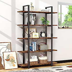 FRAPOW 5 Tier Industrial Bookshelf, 70" Large Vintage Book Shelf Wood Metal Frame Bookcase Wide Tall Farmhouse Open Display Shelf Rustic Rack Storage Organizer for Living Room Bedroom Office Furniture