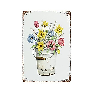 VIOFLOW Daffodil Floral Bouquet Farmhouse Metal Tin Sign Spring Flowers Wall Decor Funny Decoration for Home Kitchen Bar Garage Vintage Retro Poster Plaque Tin Signs 8X12 Inches