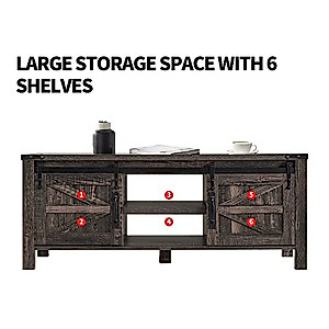 OKD 48-Inch Coffee Table Wood Cocktail Table Farmhouse Modern Center Rectangular Tables, with Sliding Barn Doors and Storage Cabinets Shelves, for Living Meeting Room, Dark Rustic Oak