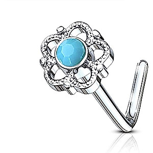 Amelia Fashion 20 Gauge Turquoise Center Flower Filigree L Bend Nose Stud 316L Surgical Steel (Steel/Turquoise)