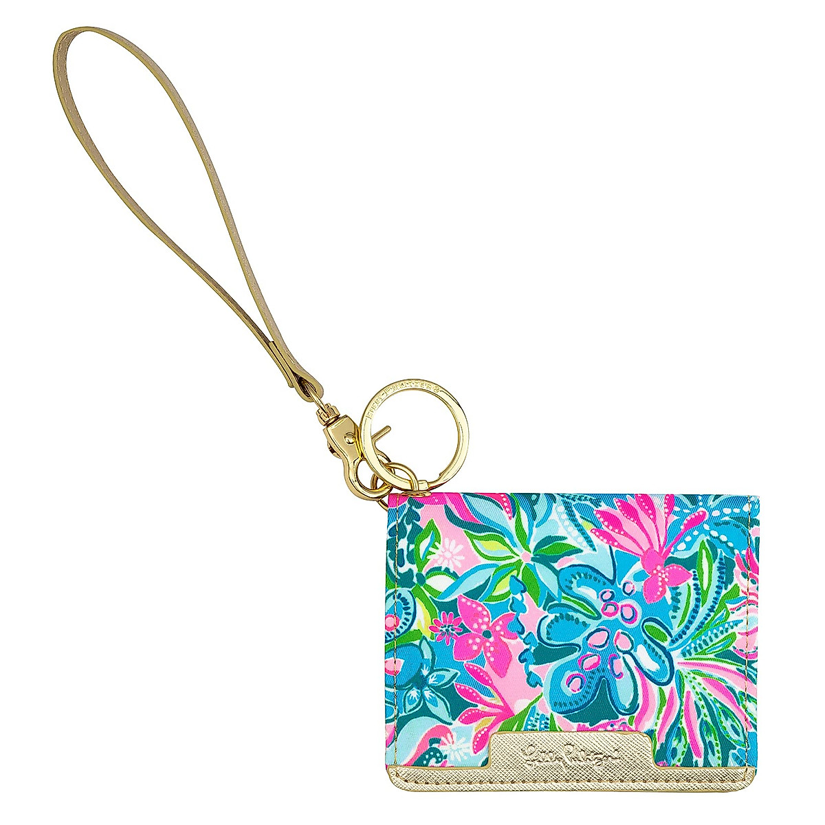 Lilly Pulitzer Snap ID Card Case, Cute Blue Keychain Wallet, Slim Credit Card Holder with Wristlet Strap, Golden Hour