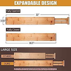 Toydoooco Bamboo Drawer Dividers, Kitchen Drawer Organizer with Spring Loaded,Separators for Dresser,Bathroom,Office 16.5"-22" Pack of 6