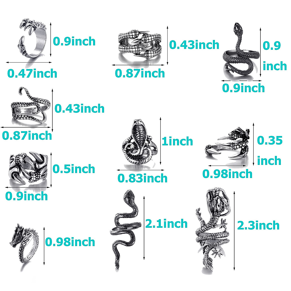 LiHan1028 10 Pieces of Vintage Punk Ring Dragon Snake Octopus Adjustable Ring