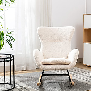 Dolonm Modern Nursery Rocking Chairs Upholstered Rocker Glider for Baby Nursery Teddy Fabric Armchair with High Back and Armrests Accent Chair Single Sofa Chair for Living Room Bedroom Balcony, Beige