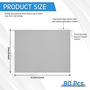 Qeeenar 80 Pack Hanging File Folders Letter Size File Cabinet 1/5 Cut Adjustable Tabs Filing Folders Organizer Bulk for Office School Home Document Storage Supplies, 12.4 x 9.4 Inch (Grey)