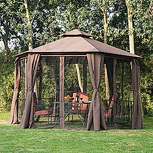 Outsunny 13' x 13' Patio Gazebo, Double Roof Hexagon Outdoor Gazebo Canopy Shelterwith Netting & Curtains, Solid Steel Frame for Garden, Lawn, Backyard and Deck, Coffee