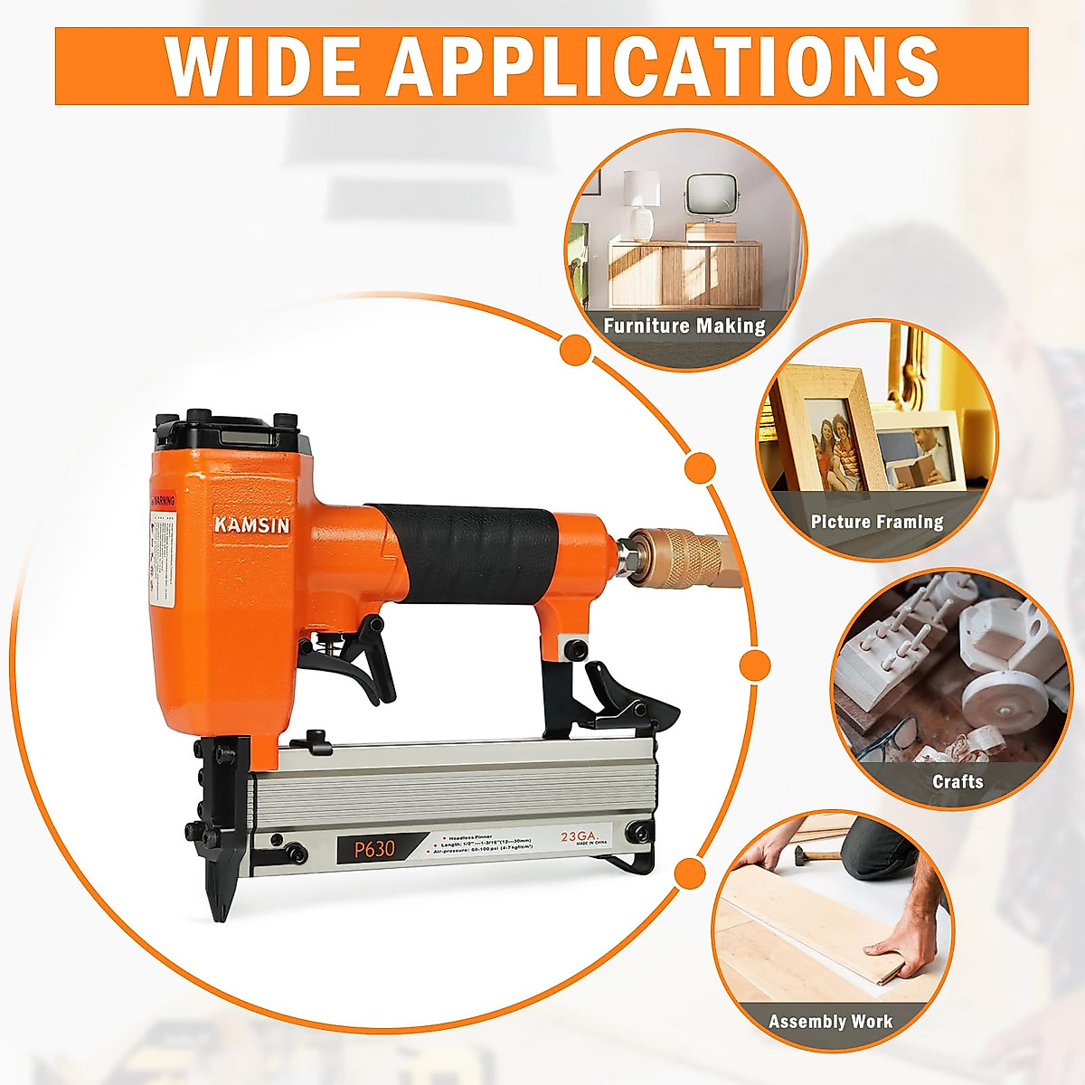 P630 Pneumatic 23 Gauge Pin Nailer Accepts 3/8" to 1-3/16" Pin Nails, Headless Pin Nail Gun with Trigger Safety, Micro Pinner Gun for Assembly and Woodworking Projects