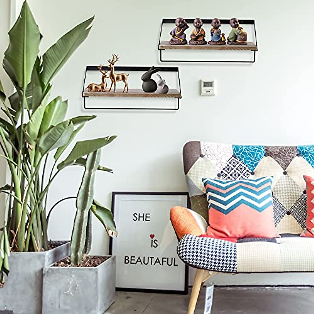 JCRUBAN Floating Shelves Wall Mounted Storage Shelves with Metal Frame and Towel Holder Rustic Wood Wall Shelves for Bedroom Living Room Bathroom Kitchen Office