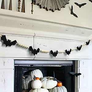 DAZONGE Halloween Decorations Indoor/Outdoor, Wood Halloween Felt Bats Bead Garland Banner for Halloween Decor, Farmhouse Halloween Decorations for Fireplace Mantle Walls