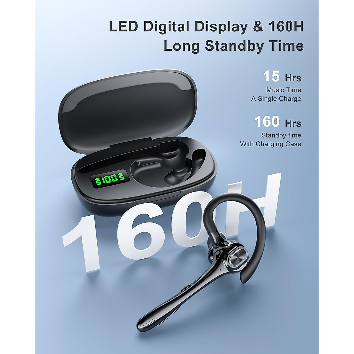 Earbuds Wireless Earpiece Bluetooth Headset with Noise Canceling Mic 160H Standby Time Hands Free Earphones Single Ear Headphone for iphone Android Samsung Cell Phones PC TV Computer Game Trucker Work