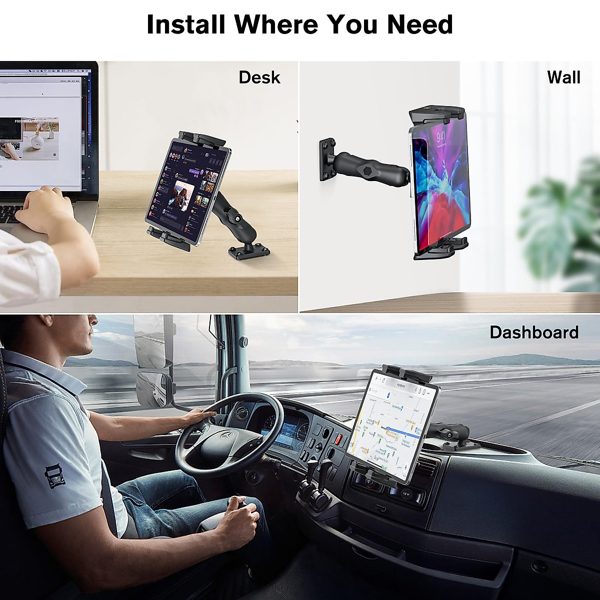 OHLPRO Car Tablet Holder - Heavy Duty Drill Base, Compatible with iPad Samsung Tab 5"-13" Tablet and Phone, Car Tablet Mount for Truck/Business Vehicle/Desktop/Wall, etc.