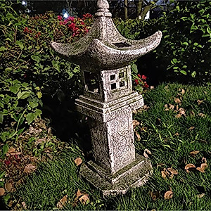 L-JTLYM Solar Lights Outdoor Garden Decor, LED Solar Powered Lighthouse, No Need to Connect, Pagoda Lantern Garden Statue, Hand-Carved, for Tabletop,Ground,Patio,Courtyard Decoration, Grey Finish