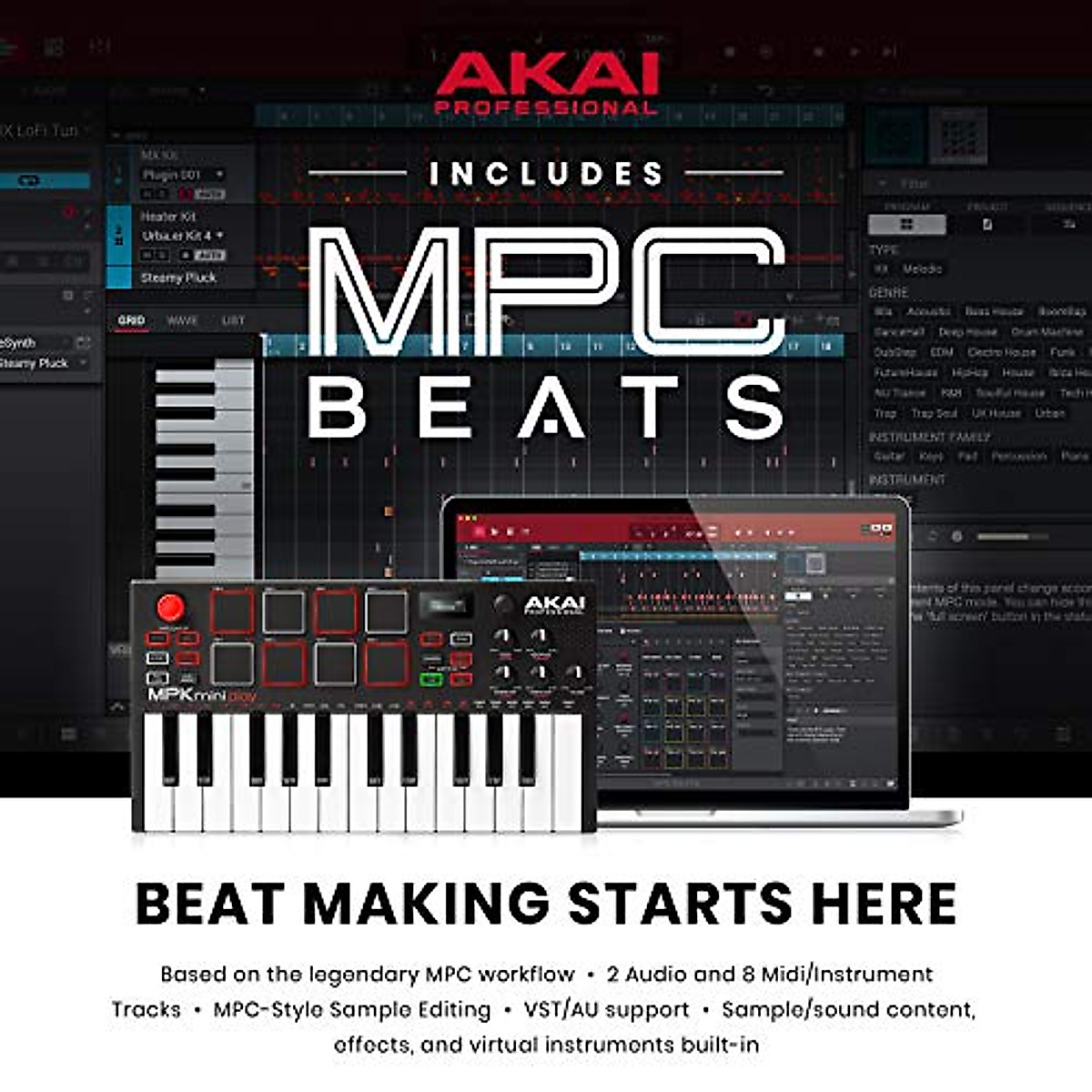 AKAI Professional MPK Mini Play – USB MIDI Keyboard Controller With a Built in Speaker, 25 mini Keys, Drum Pads and 128 Instrument Sounds