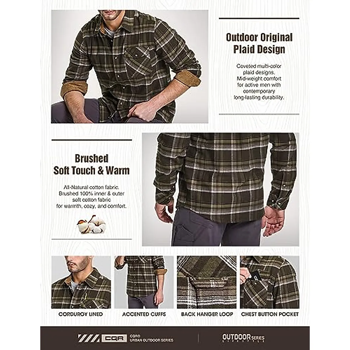 CQR Men's All Cotton Flannel Shirt, Long Sleeve Casual Button Down Plaid Shirt, Brushed Soft Outdoor Tactical Work Shirts, Plaid Hickory Green, Large