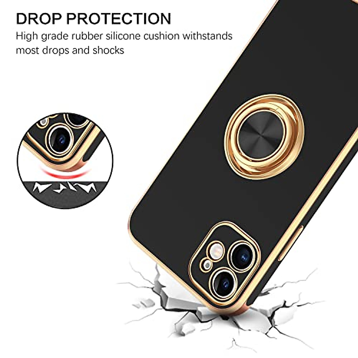 BENTOBEN Compatible with iPhone 12 Mini Case with 360° Ring Holder, Shockproof Kickstand Support Car Mount Women Men Non-Slip Protective Phone Case for iPhone 12 Mini 5.4", Black/Gold