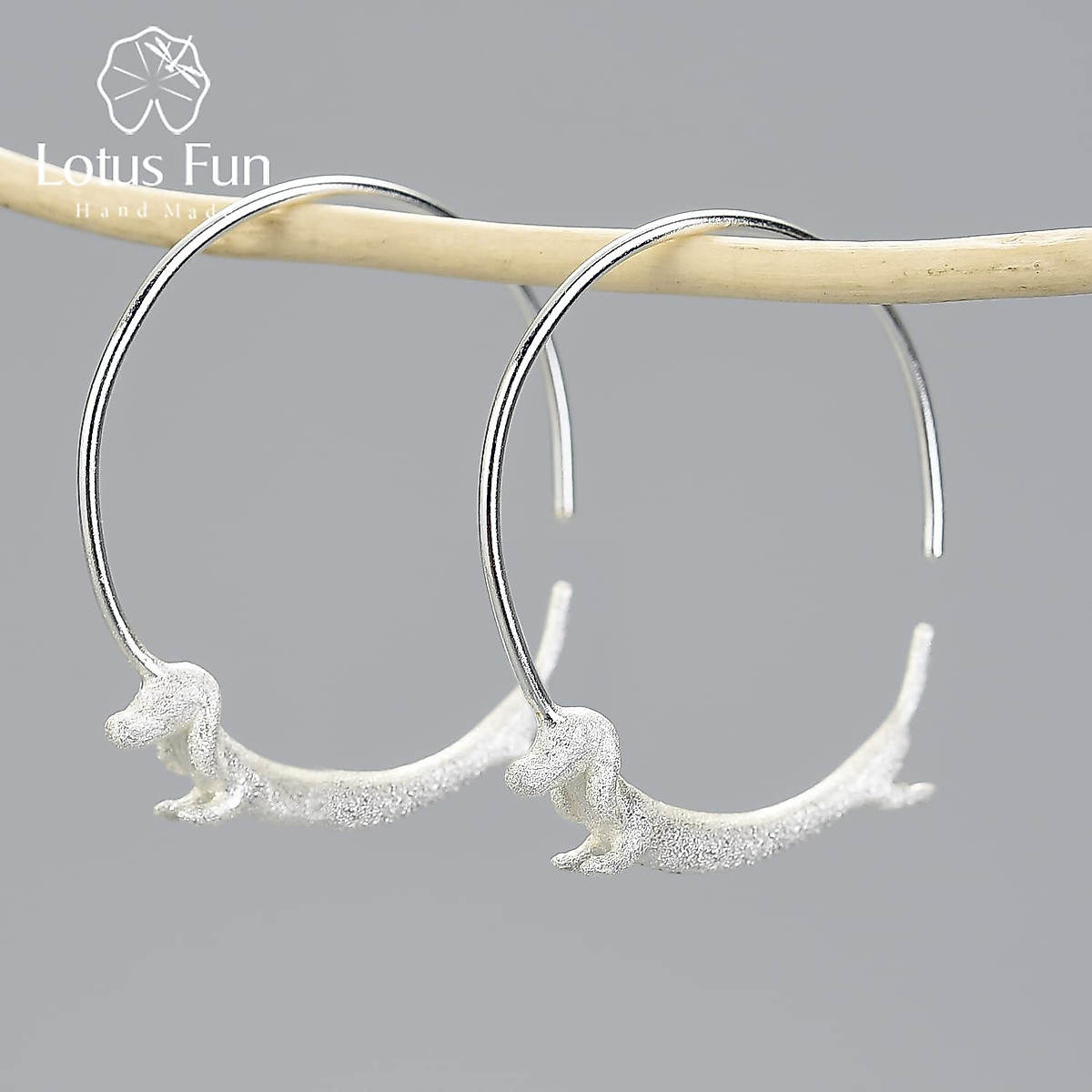 Lotus Fun S925 Sterling Silver Hoop Earrings Lovely Flying Dachshund Dog Big Round Hoop Earrings for Women (Sliver)