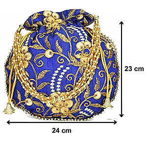 Ekavya Indian Drawstring Purse Bag Pouch Potli For Gift Jewelry Gifts Wedding Faux Pearls Strings Drawstring Bag for Women. Purse for Women (Blue)